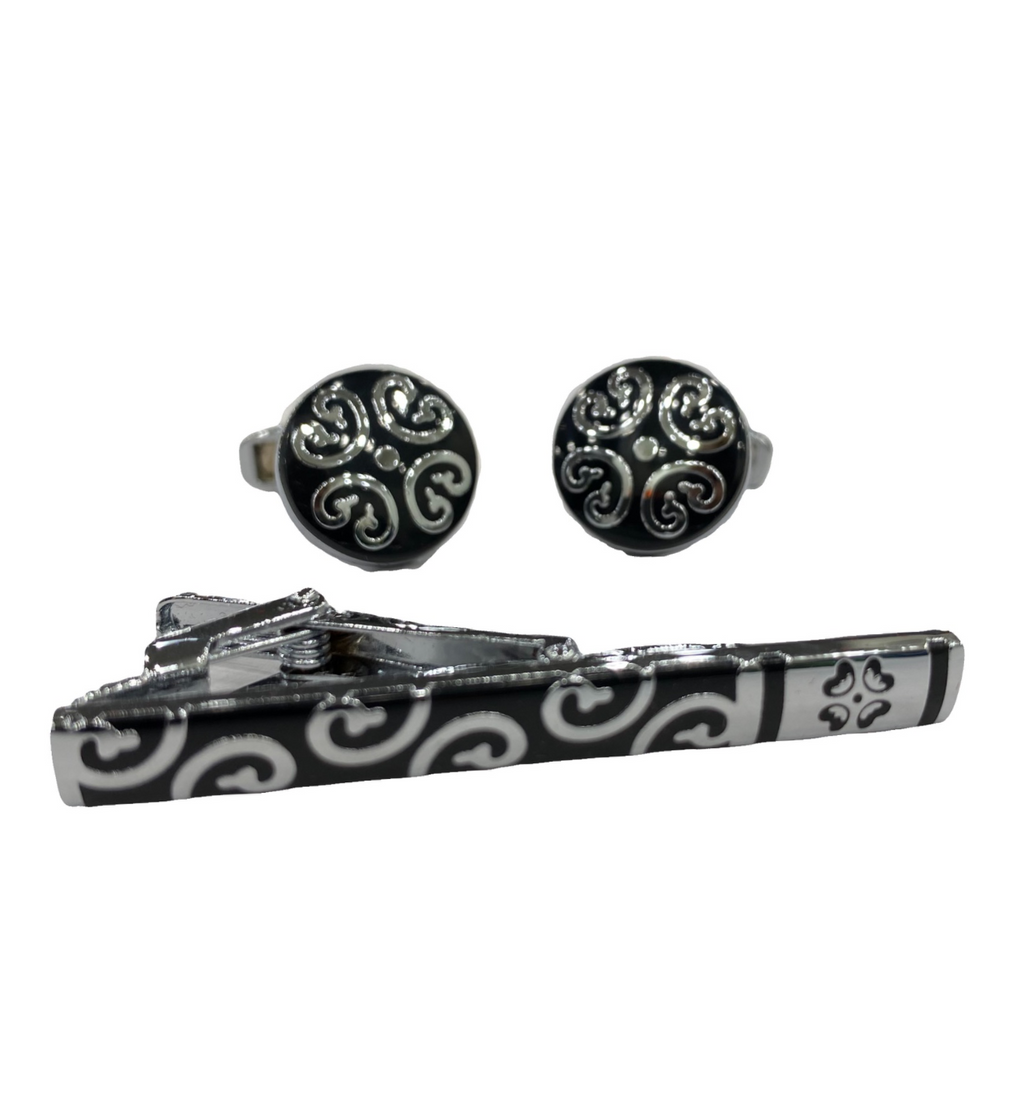 Fratello Cufflink and Tie Clip Combo - Black & Silver GeoPattern CLT01 ...