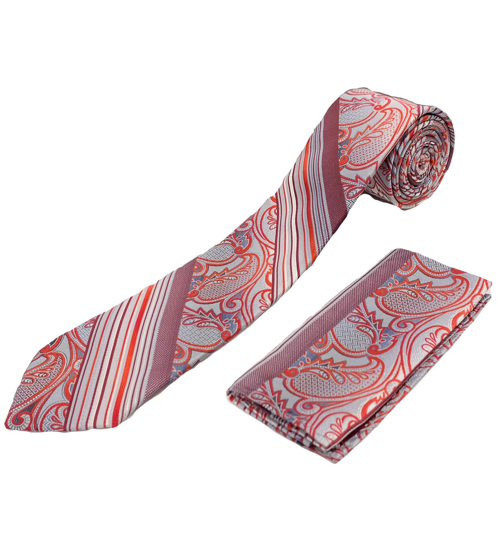 Stacy Adams Tie and Handkerchief - Red and Silver Paisley Stripes T73 ...