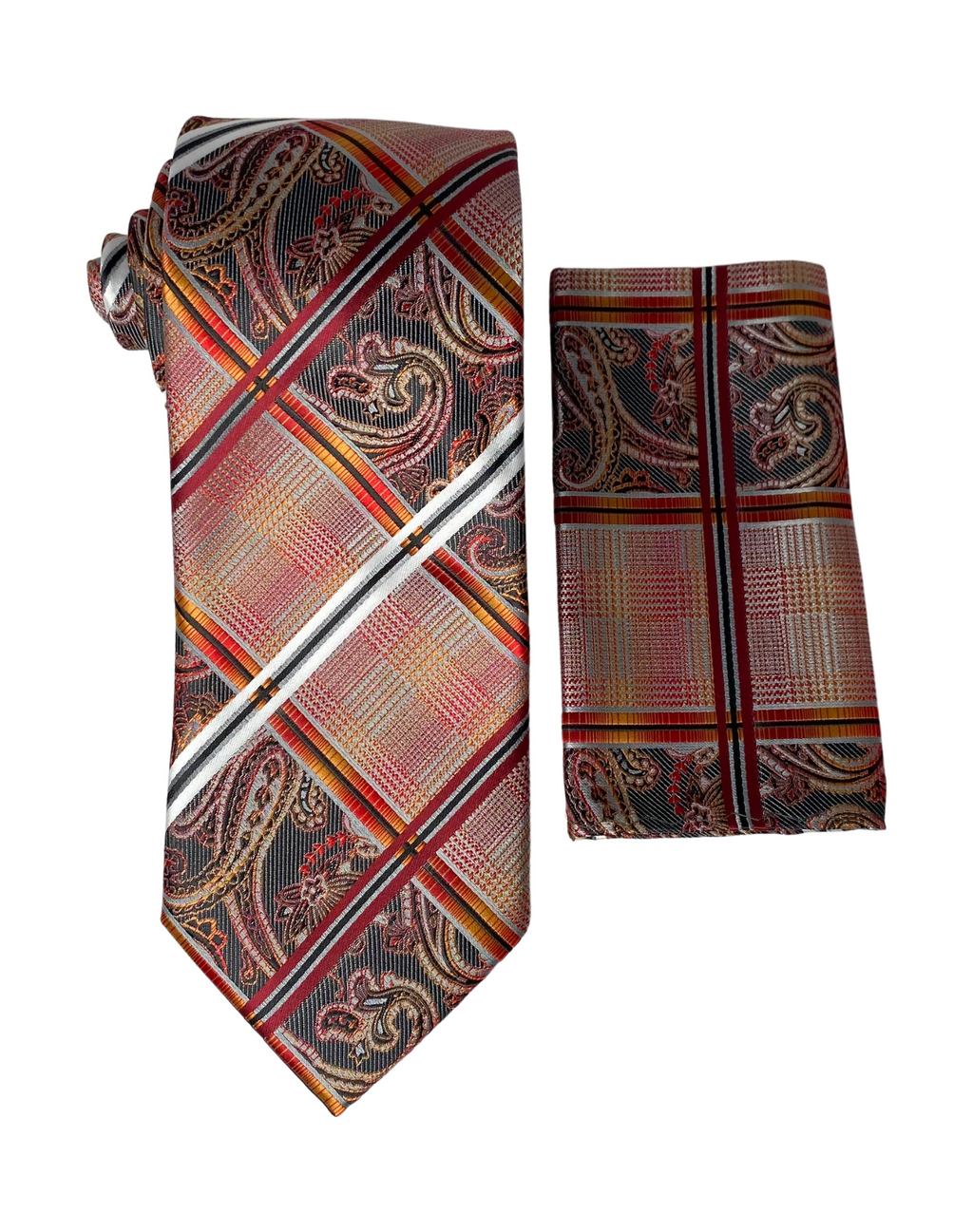 Stacy Adams Paisley Plaid Tie and Handkerchief - Red, Orange and Charc ...