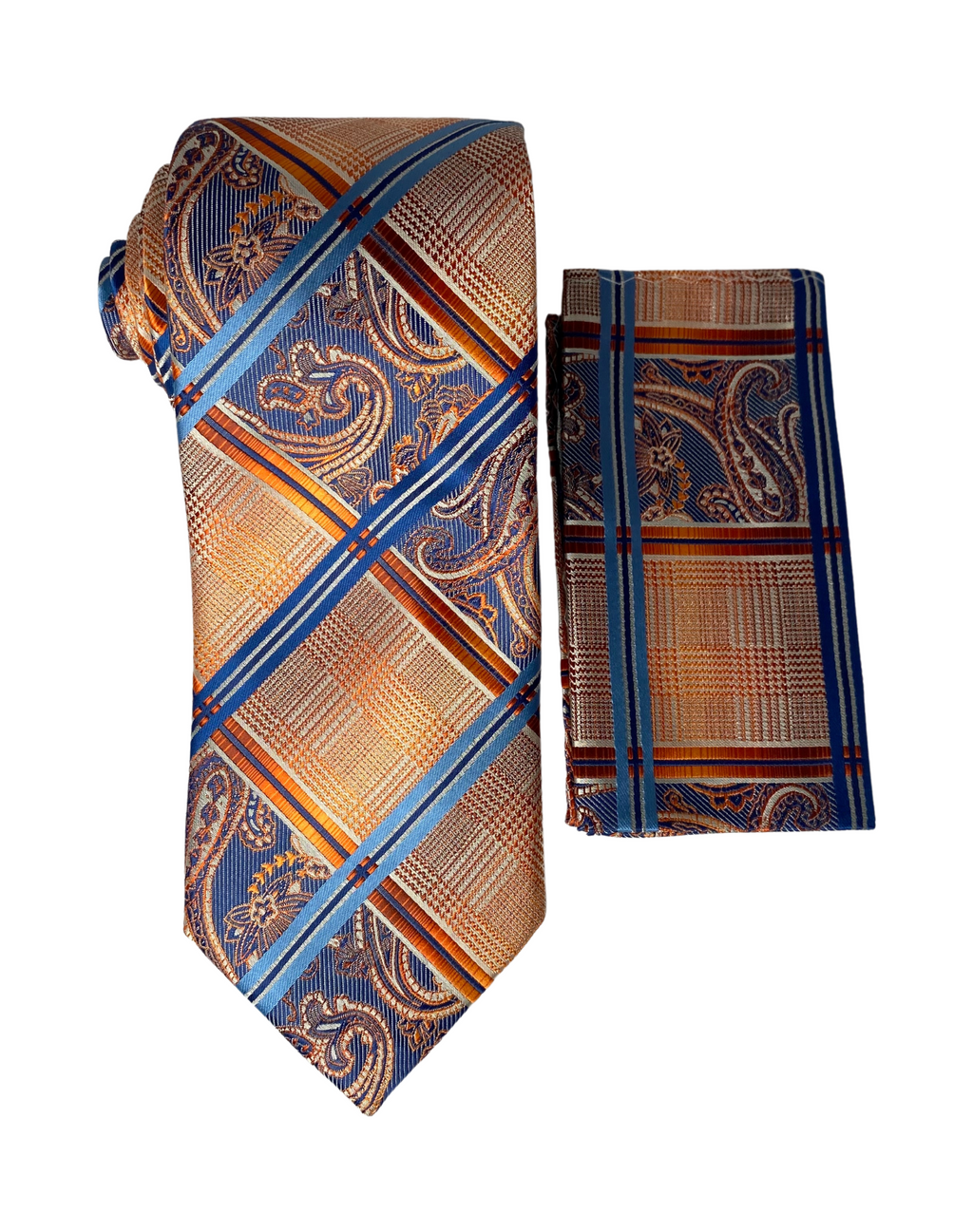 Stacy Adams Paisley Plaid Tie and Handkerchief - Orange & Blue – MDZ ...